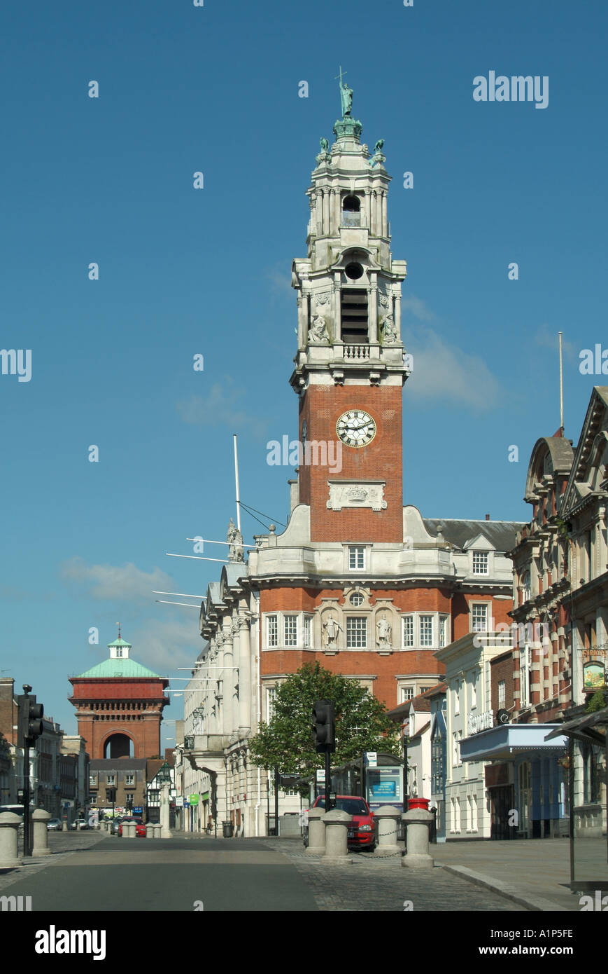 Colchester high street dominated by the clock tower of the Town Hall ...