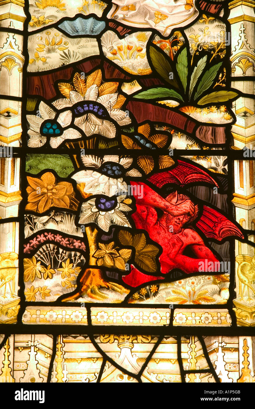 the devil in a stained glass window in a Lancaster church, Lancashire ...