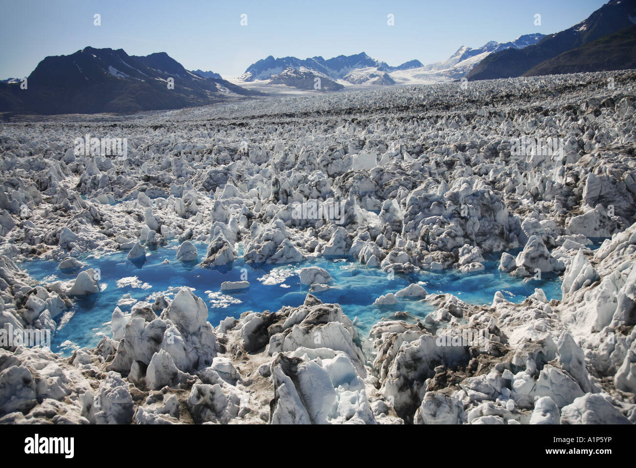 Aerial view of blue Meltwater pools on Columbia Glacier Prince William ...