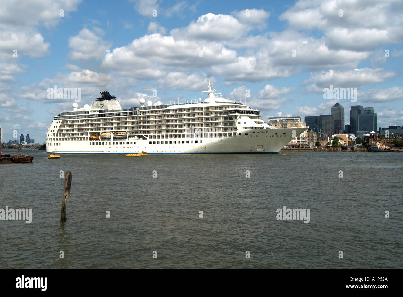 London The World floating hotel cruise ship departing moorings River ...