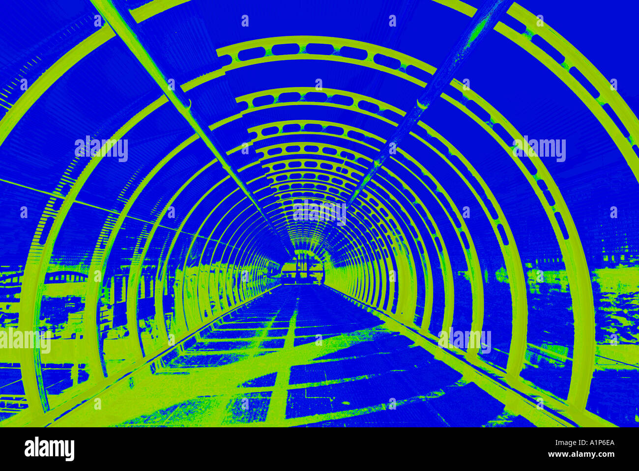 Pedestrian footbridge inside translucent steel framed tubular tunnel ...