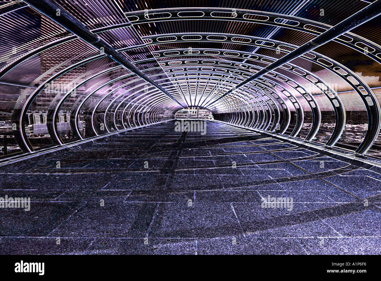 Pedestrian footbridge inside translucent steel framed tubular tunnel ...