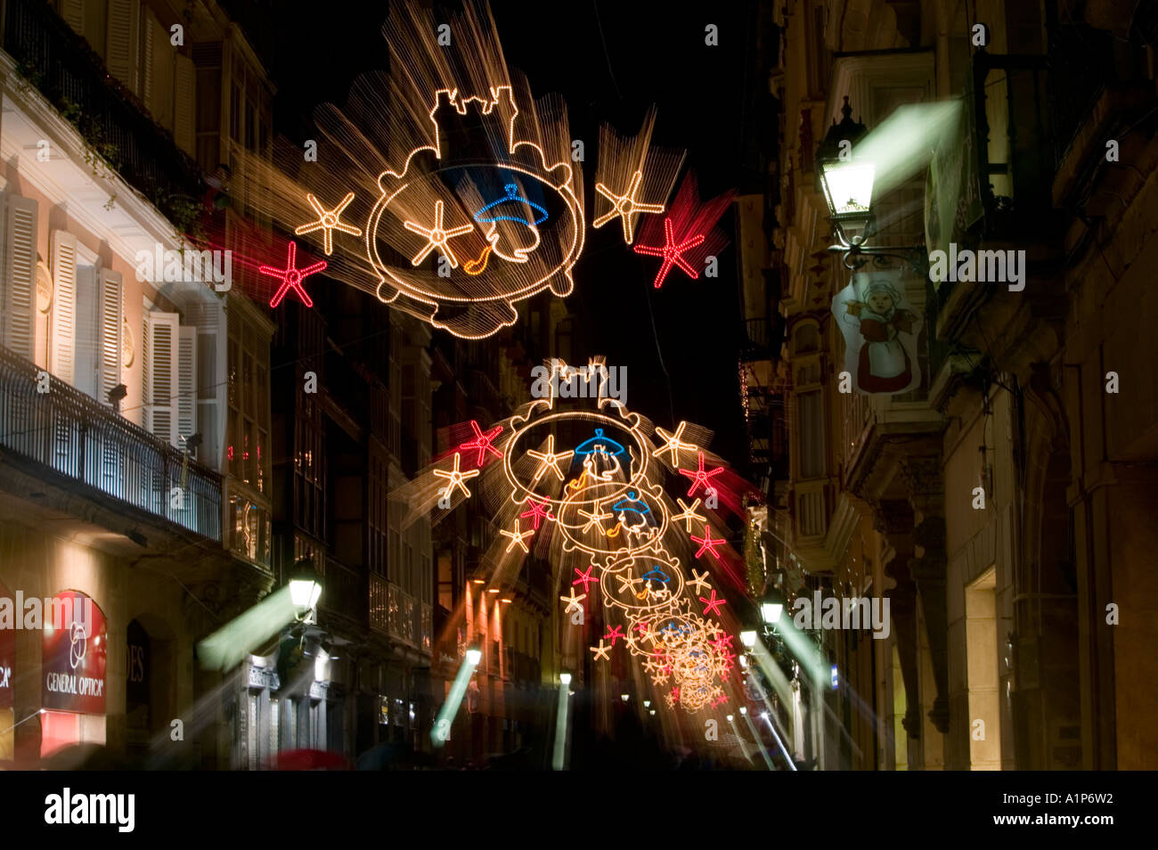 Christmas lights at night in Casco Viejo, Bilbao, Basque Country Stock ...