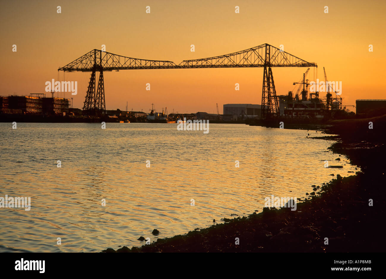Transporter Bridge at sunset, River Tees, Middlesbrough, Cleveland ...