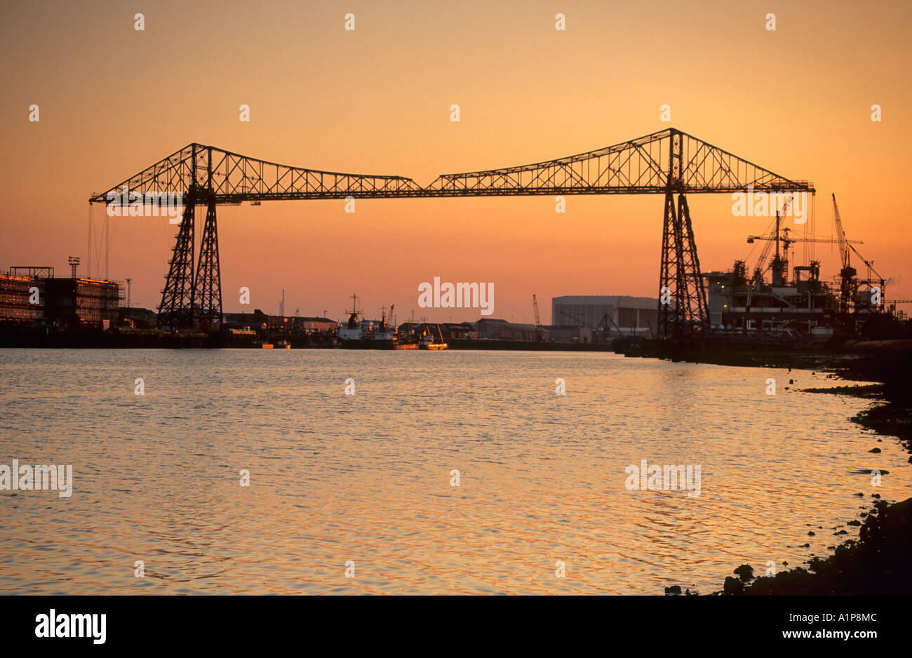 Transporter Bridge at sunset, River Tees, Middlesbrough, Cleveland ...