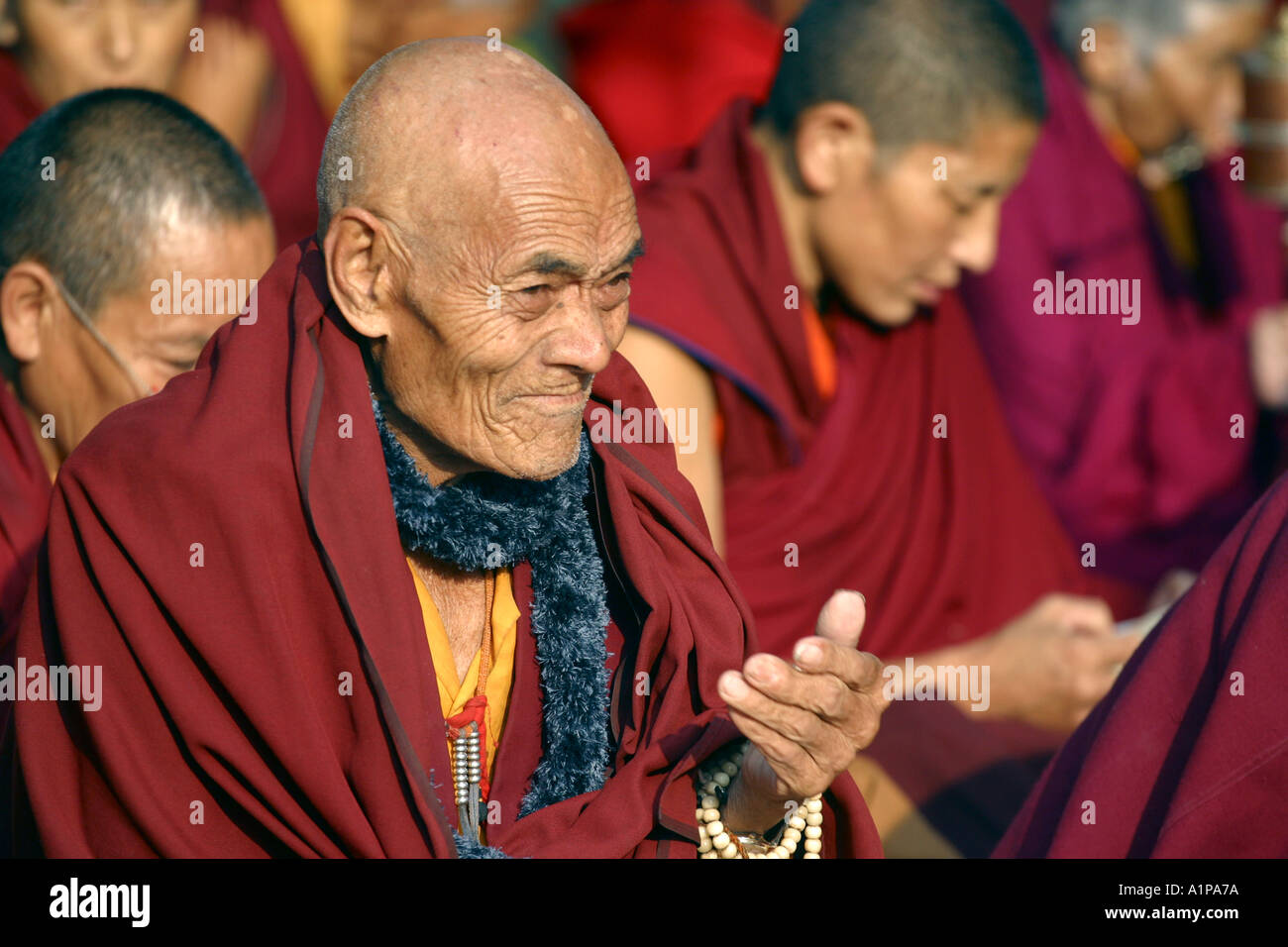 A Tibetan Buddhist monk sits near the Mahabodhi temple in Bodhgaya in ...