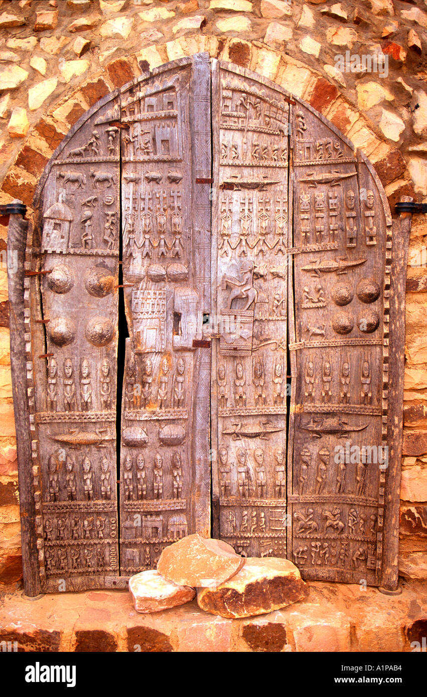Carved Dogon door with human animal and granary figures near Sangha ...