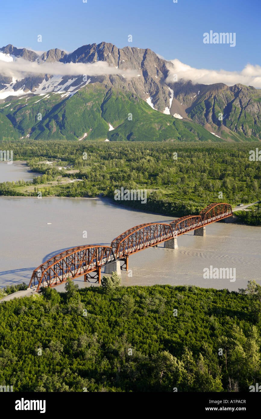 Aerial Million Dollar Bridge crossing the Copper River Chugach National ...