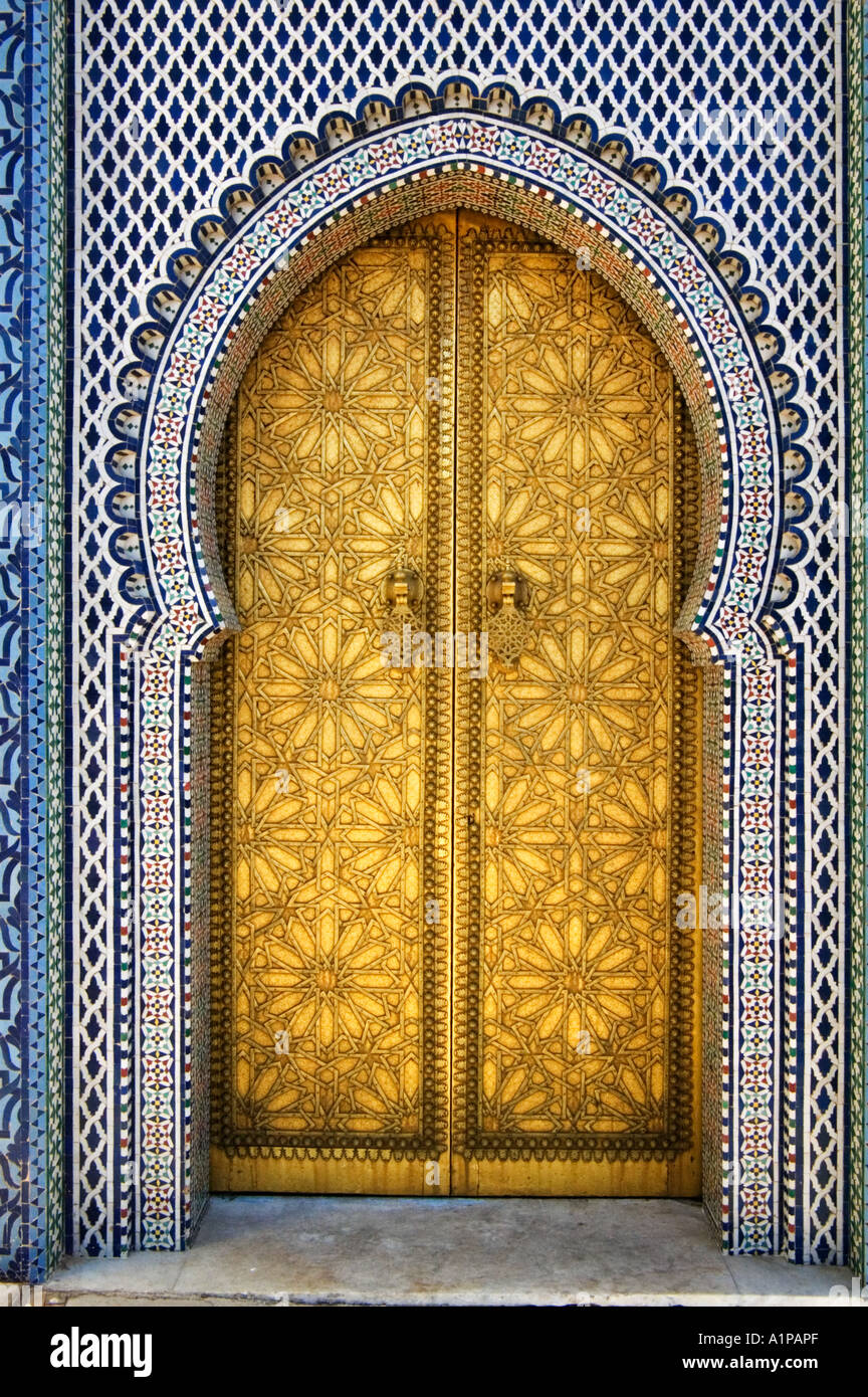 Golden entrance gate to the Royal Palace in Fes, Morocco Stock Photo ...