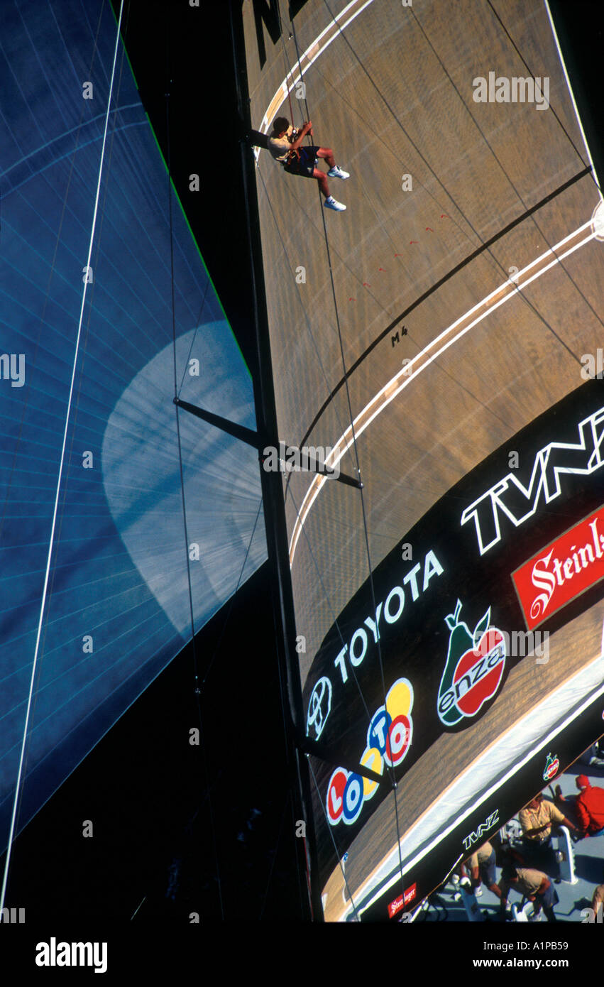 Crew man aloft makes rigging repairs New Zealand team Americas Cup San ...
