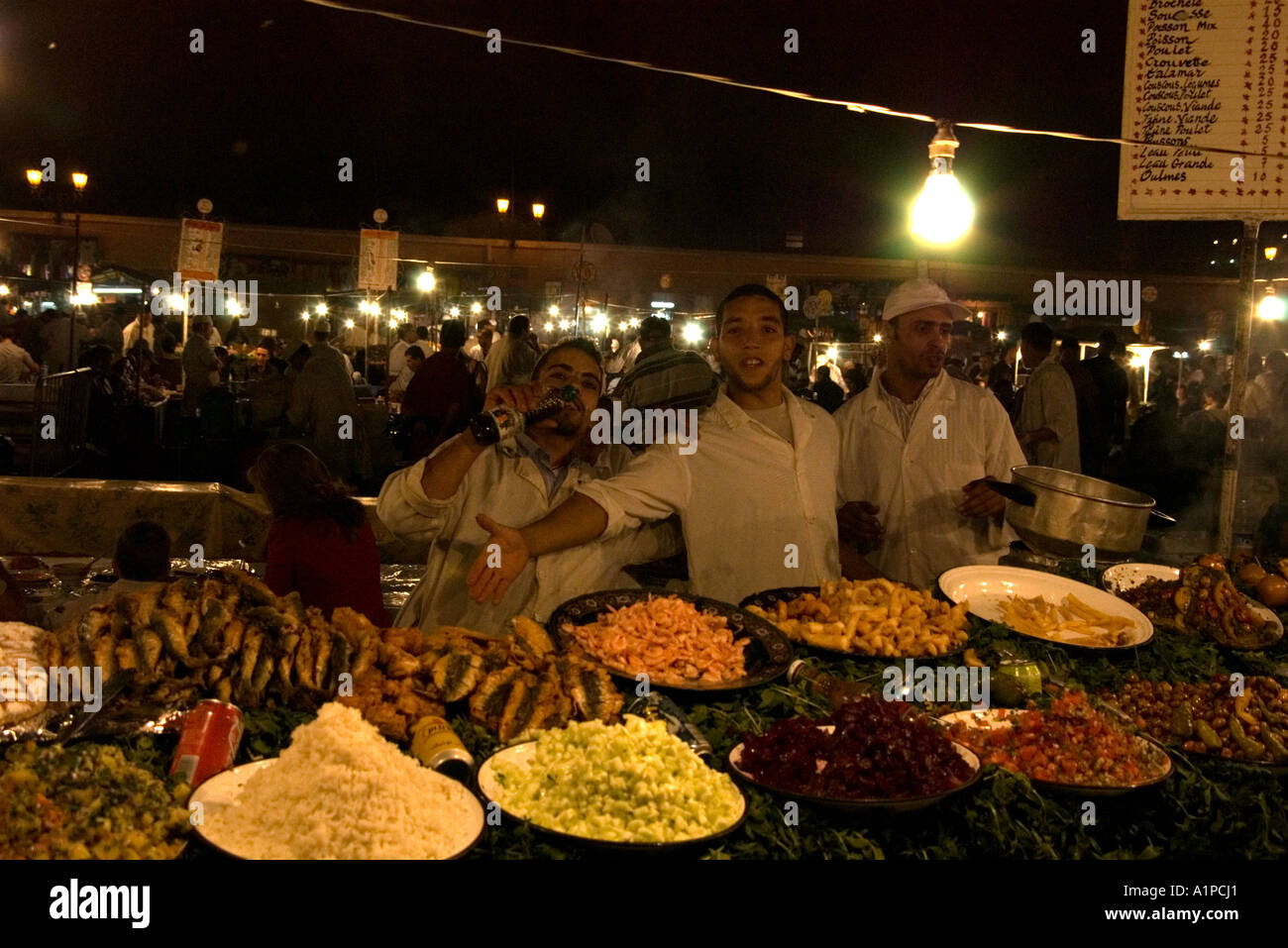 Food vendors in Djemaa El Fna, the central market square in Marrakech ...