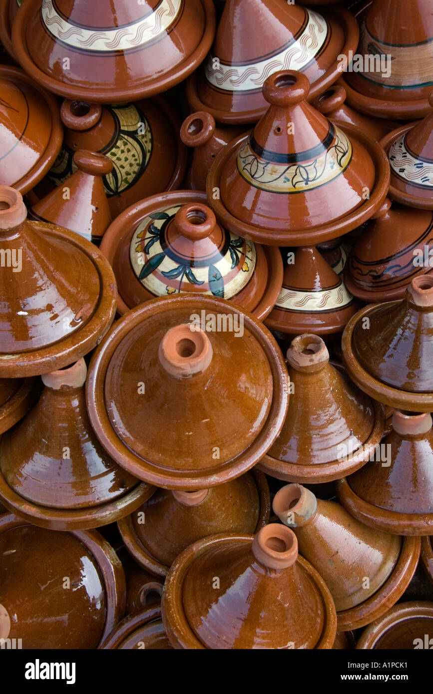 Traditional tajine ceramic dishes at a market stall in the Medina of ...