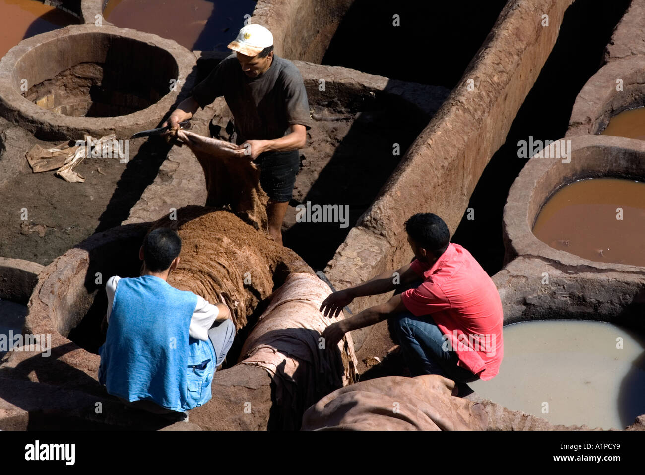 Three men working in the dying vats at the tanneries in Fes, Morocco ...