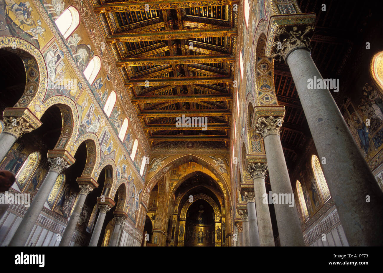 Interior of II Duomo Norman Cathedral with frescoes Monreale nr Palermo ...