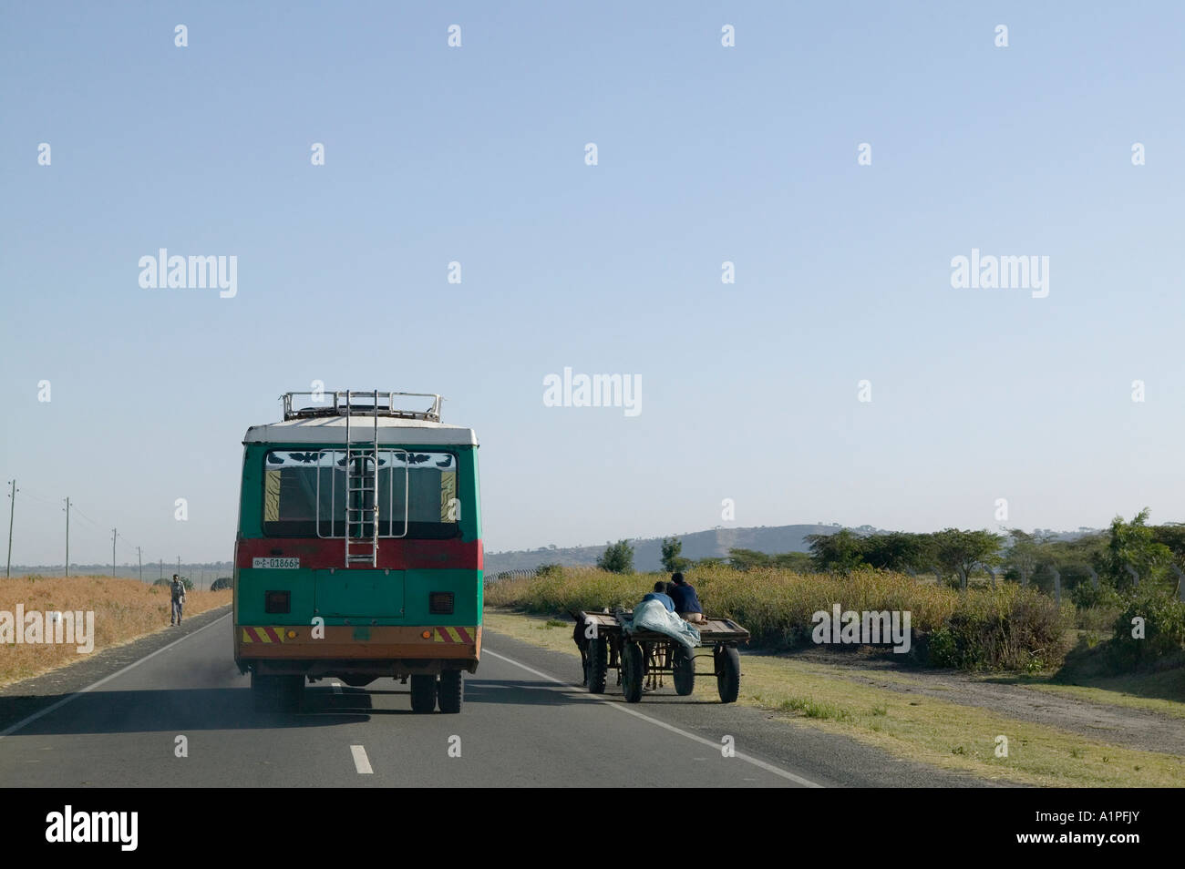 A bus drives down a paved road in Ethiopia passing a traditional donkey ...