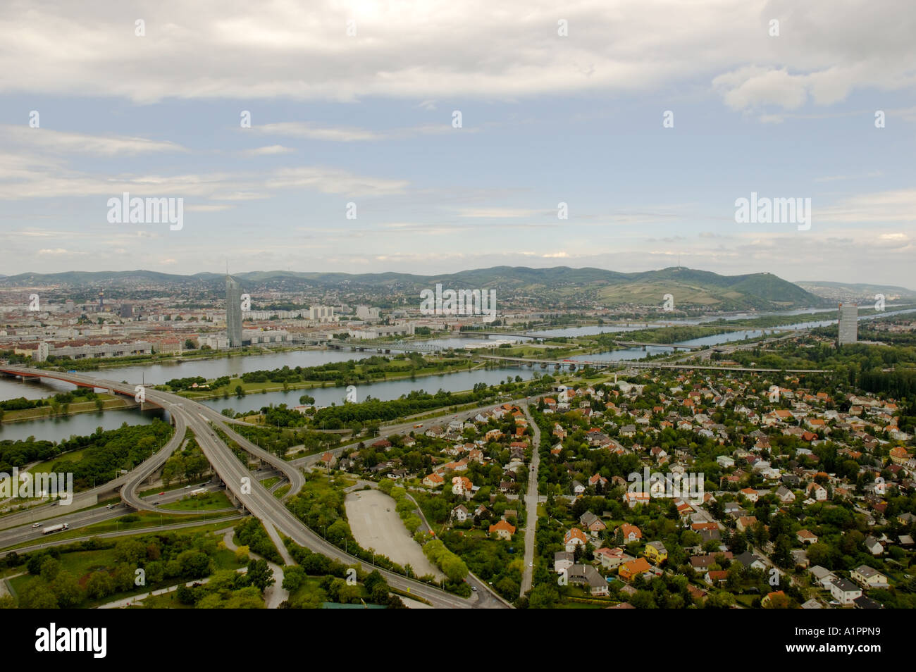 View of the Danube from the Donauturm TV Tower in Vienna Stock Photo ...