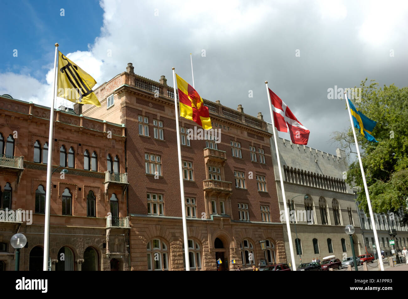 The flags of Lund s bishopric Denmark and Sweden flying in front of ...