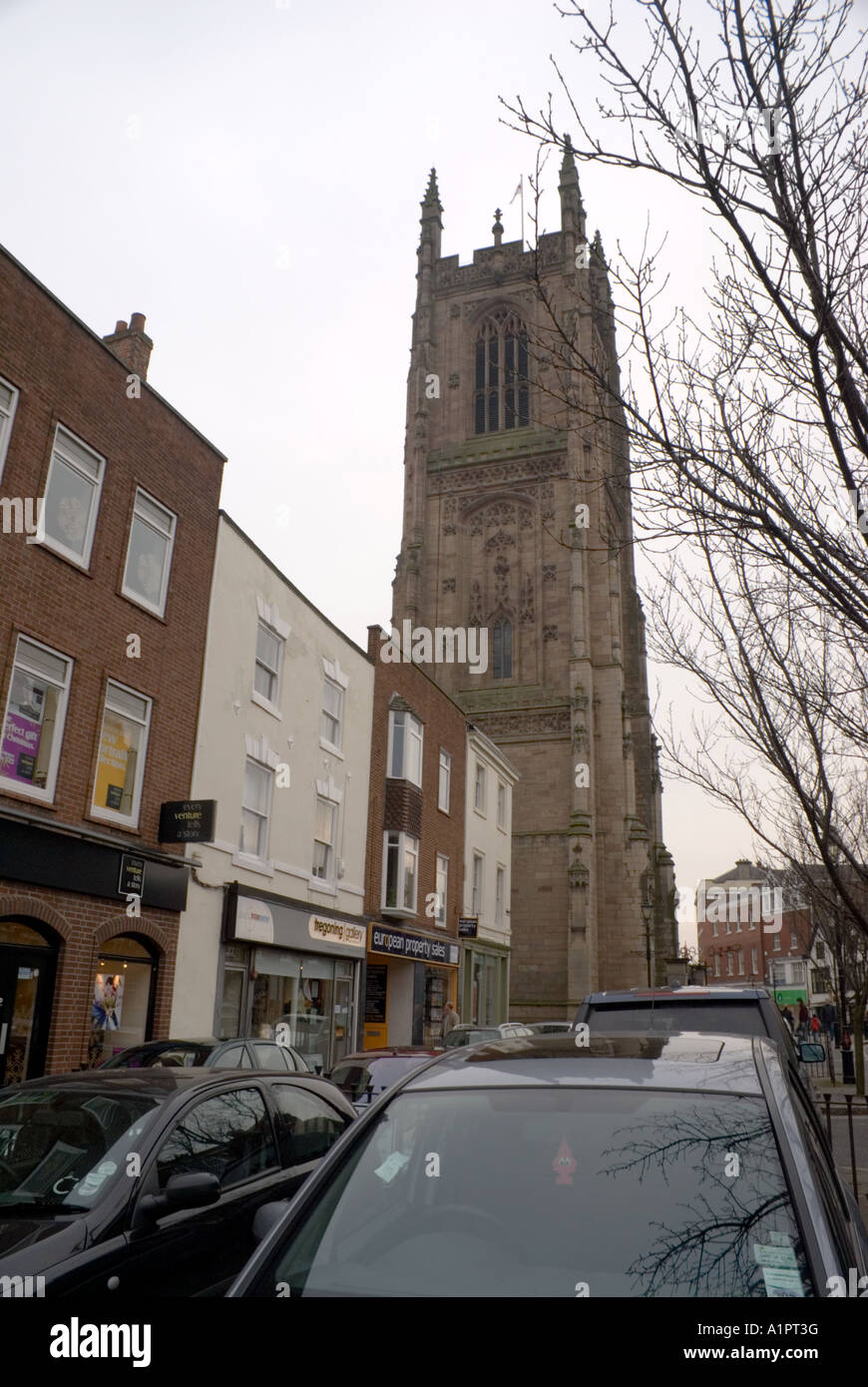 Derby Cathedral tower from roadside Stock Photo - Alamy