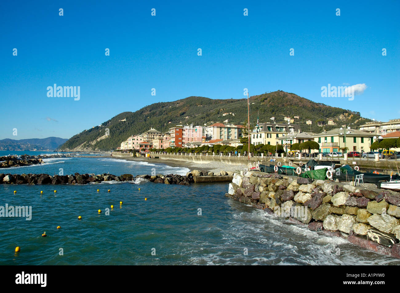 Chiavari's seafront with the hills on the back Stock Photo - Alamy