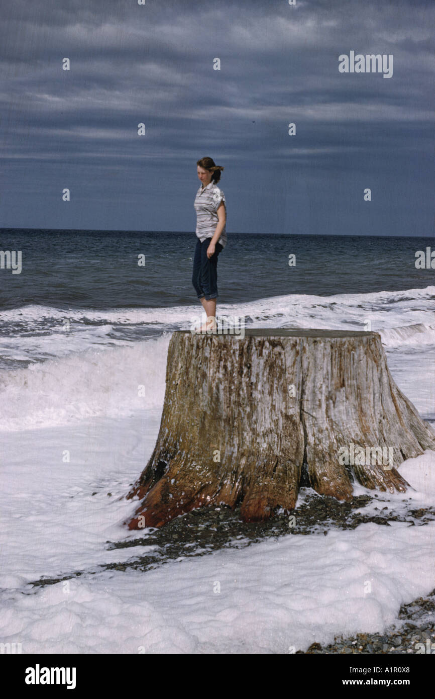 Girl looks at ocean from tree stump. Washington Coast Stock Photo - Alamy