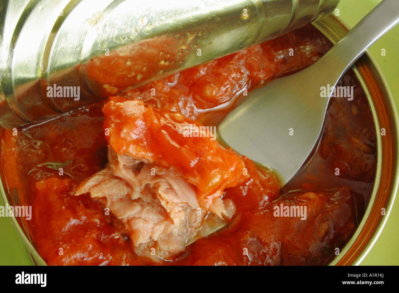 Open tin can of fish in tomato sauce with a fork, showcasing the rich ...
