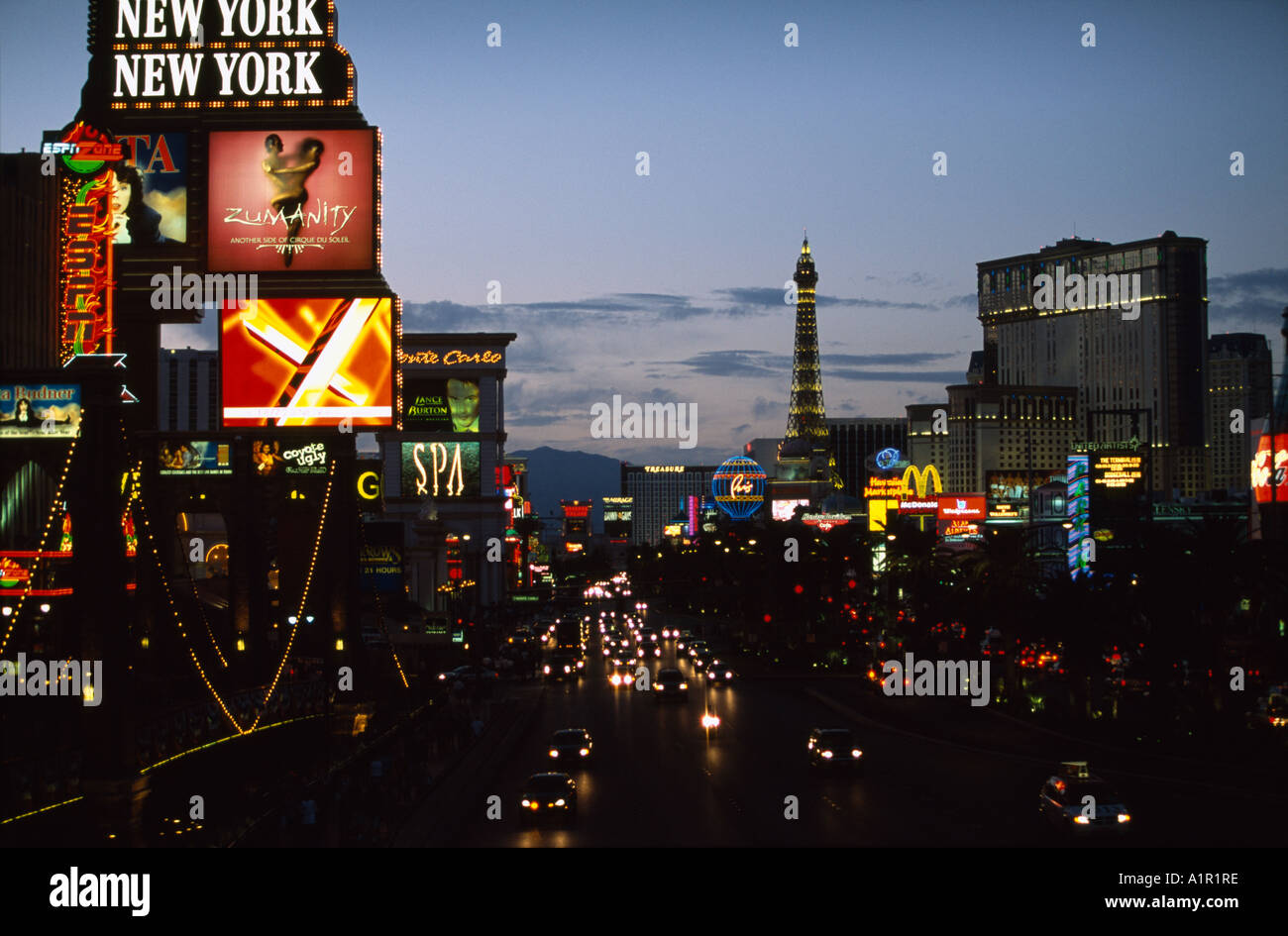 Neon signs and the Las Vegas Strip at dusk Las Vegas Nevada USA Stock ...