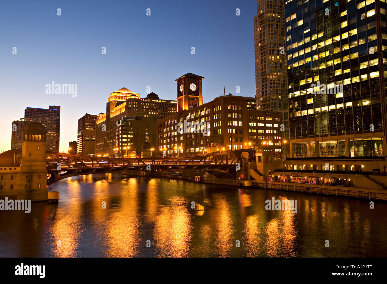 ILLINOIS Chicago Clark Street Bridge over Chicago River at night ...