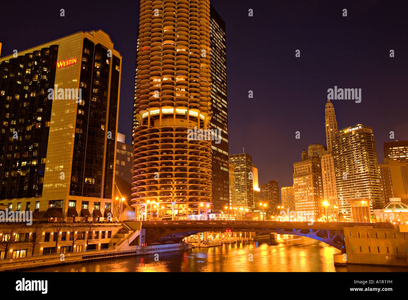 ILLINOIS Chicago Dearborn Street bridge over Chicago River at night ...