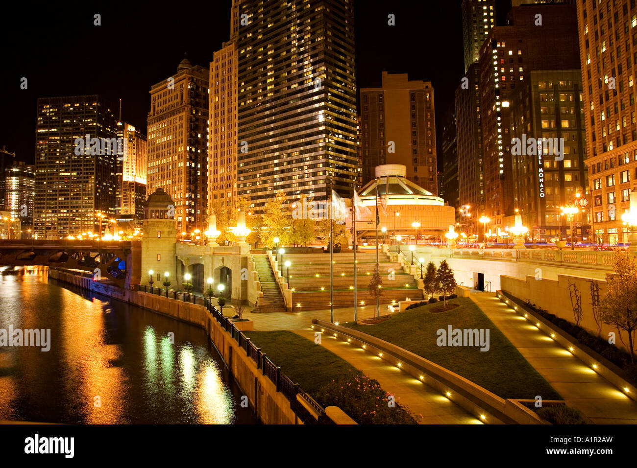ILLINOIS Chicago Vietnam Veterans Memorial park, night along Chicago ...