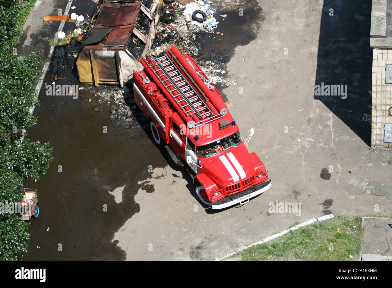Aftermath of a fire, firefighter and fire truck on site in Kyiv ...