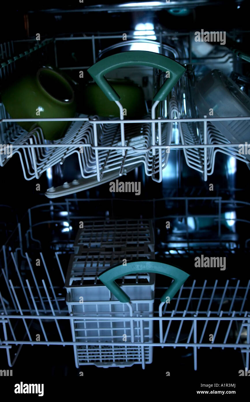 Interior of an empty dishwasher with green dishes placed on the racks ...
