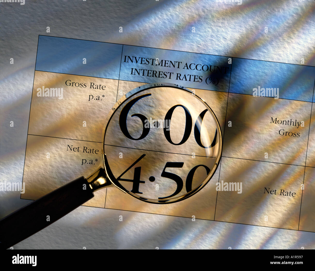 Bank account savings rate with magnifying glass. Net and gross rates ...