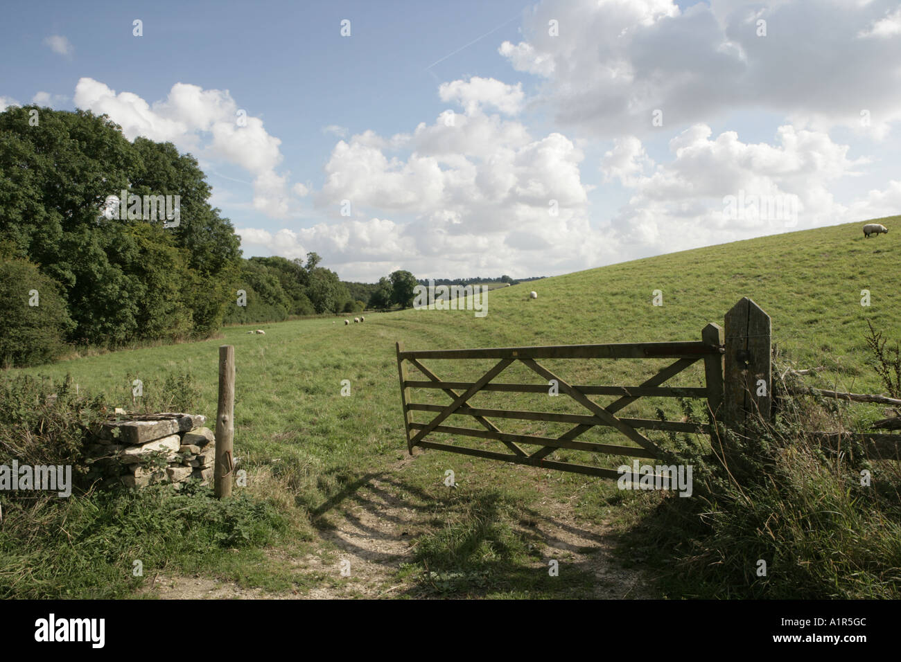 A open gateway in the Cotswolds near the village Farmington Stock Photo ...