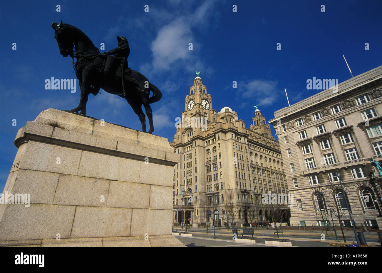 Statue of Edward seventh and Liver building Albert dock Liverpool ...
