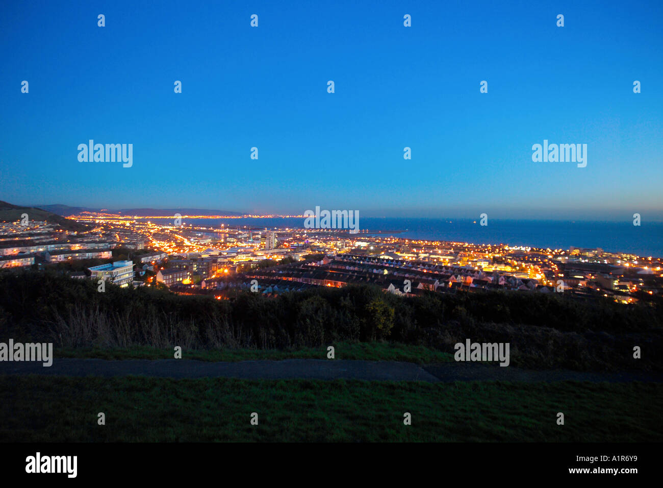 View over Swansea Bay at Night South Wales Stock Photo - Alamy