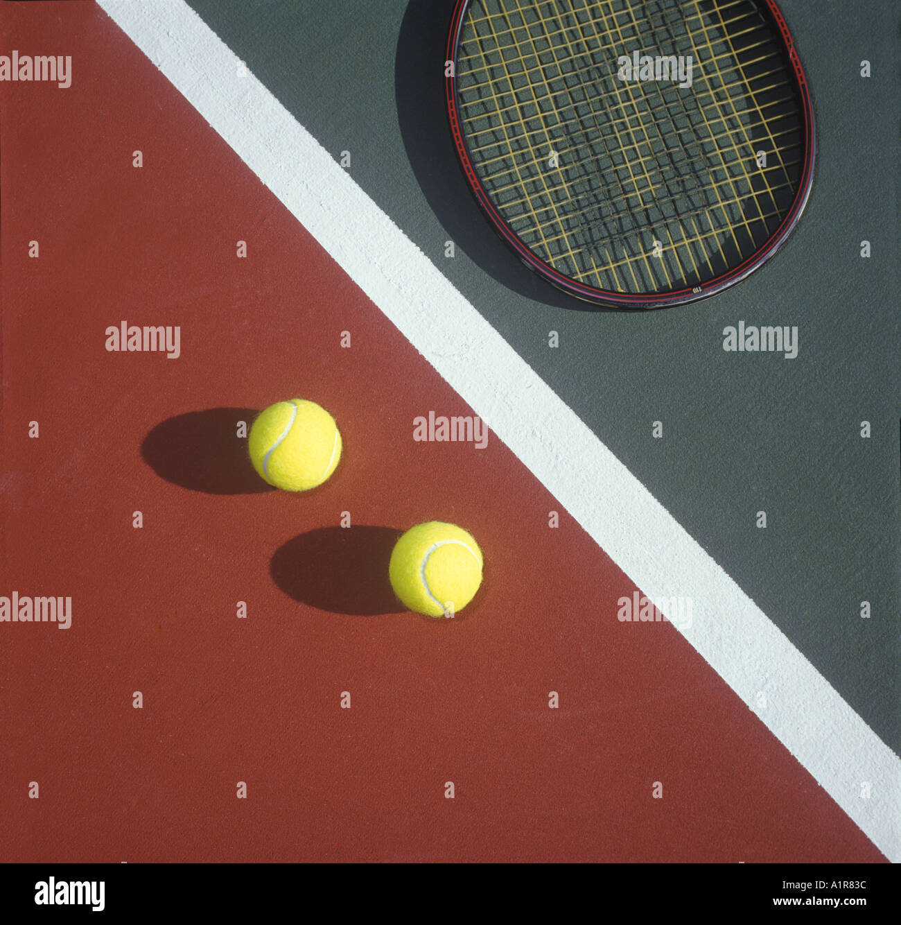 Tennis Racket And Balls On Tennis Court Detail Stock Photo - Alamy