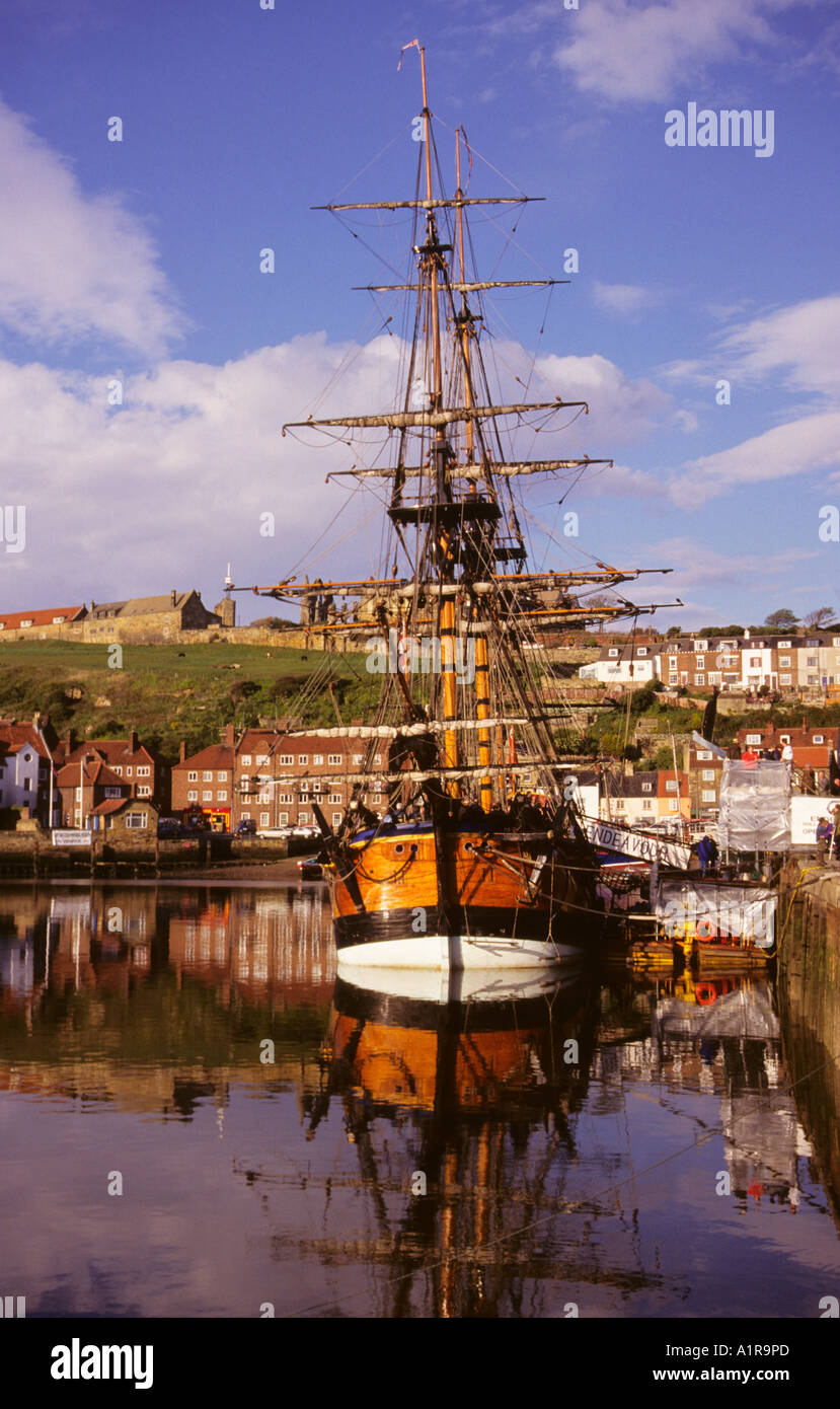 Replica of HM Bark Endeavour moored at Whitby Harbour North Yorkshire ...