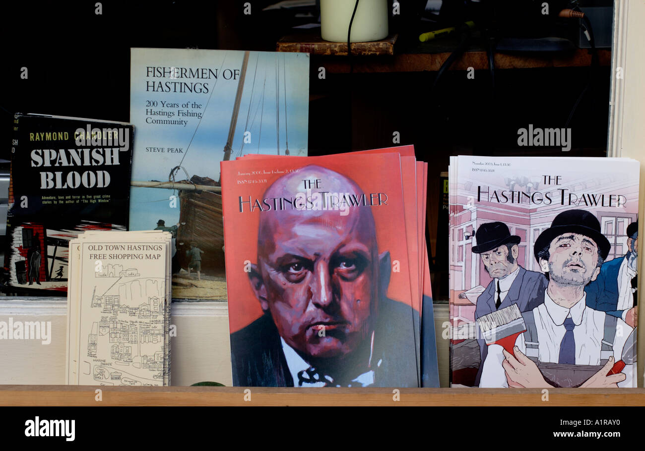 Bookshop book and magazine window display Hastings Stock Photo - Alamy