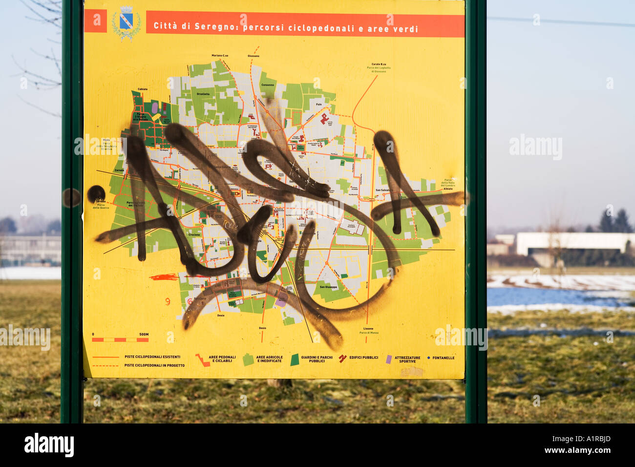 Vandal graffiti on the park map description Stock Photo - Alamy