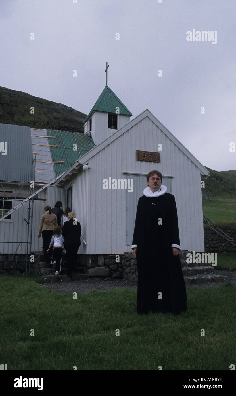 Protestant priest in 18th century habit on Sandoy Island in the Faroes ...