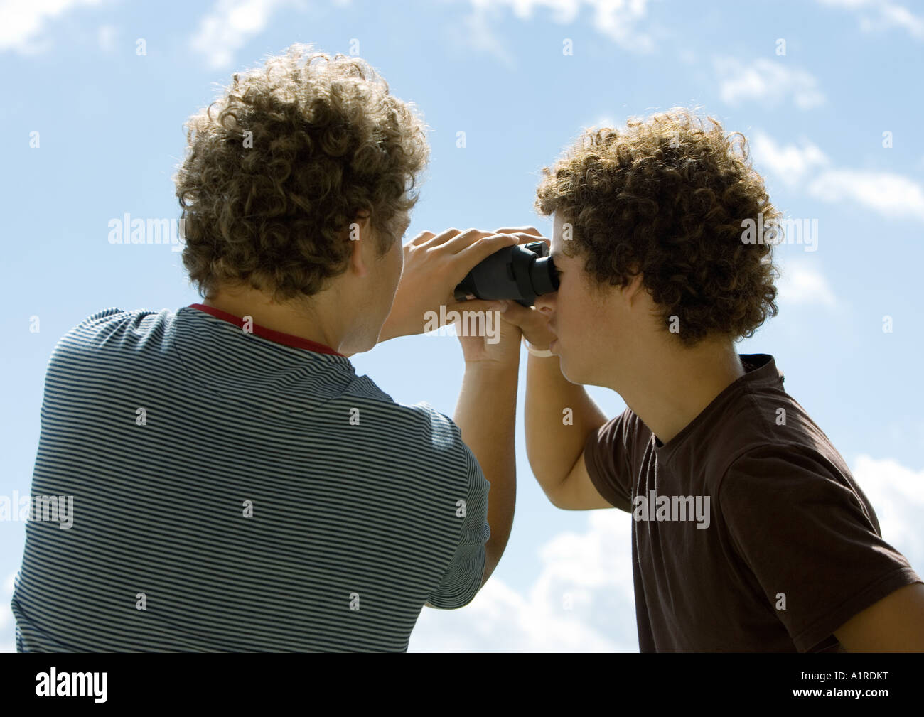 Two men using binoculars, rear view Stock Photo - Alamy