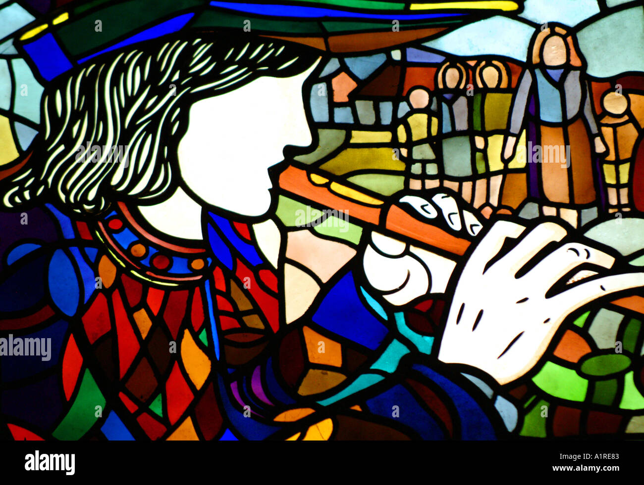 pied piper hameln germany stained glass window Stock Photo - Alamy