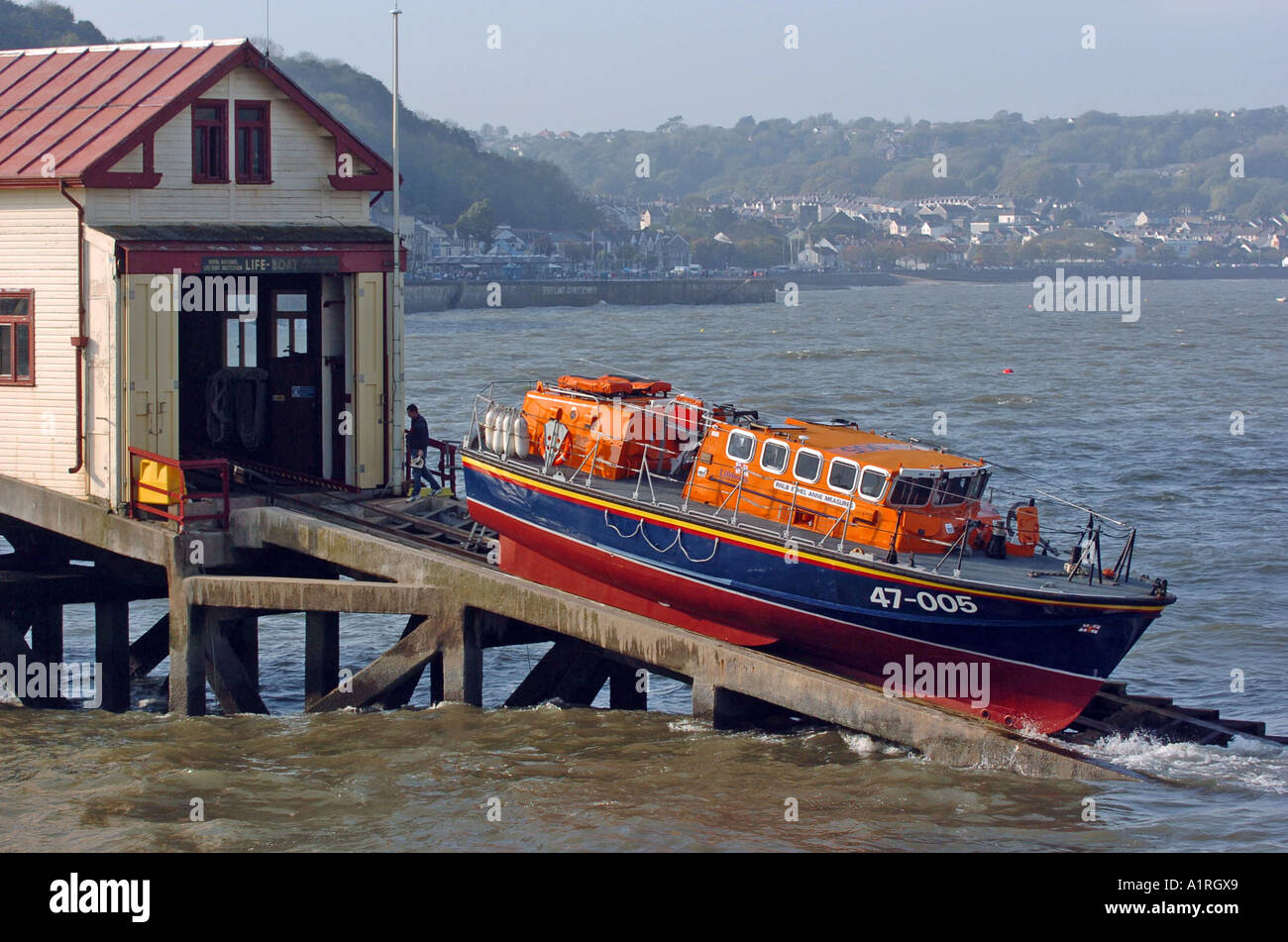 The Mumbles lifeboat on the slipway with Mumbles near Swansea, Wales ...