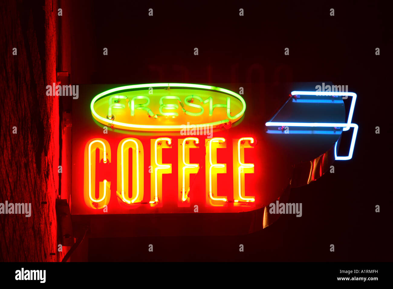 A neon fresh coffee sign at night Stock Photo - Alamy