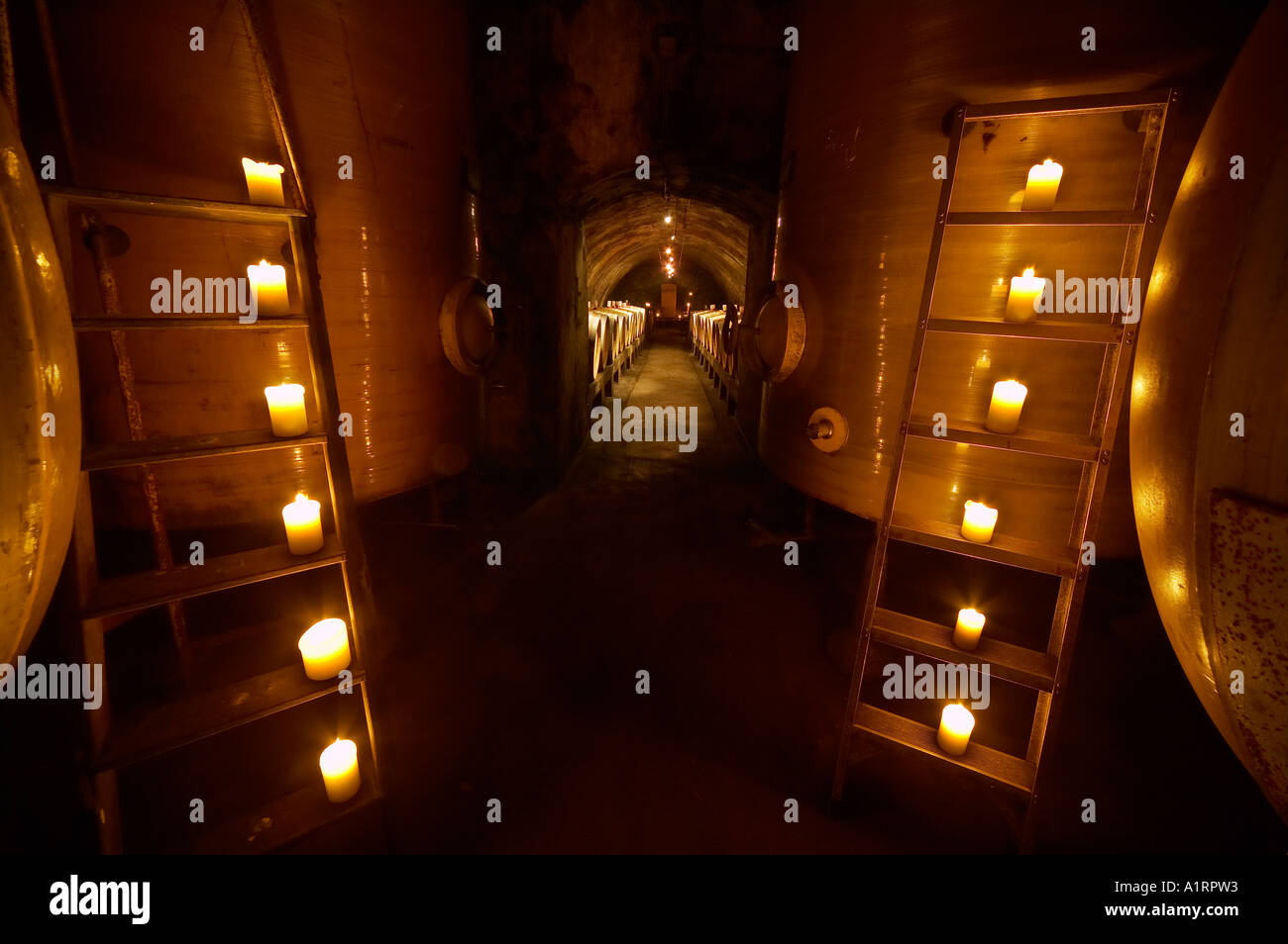 barrique wooden vats or casks in romantic candle light in German wine ...