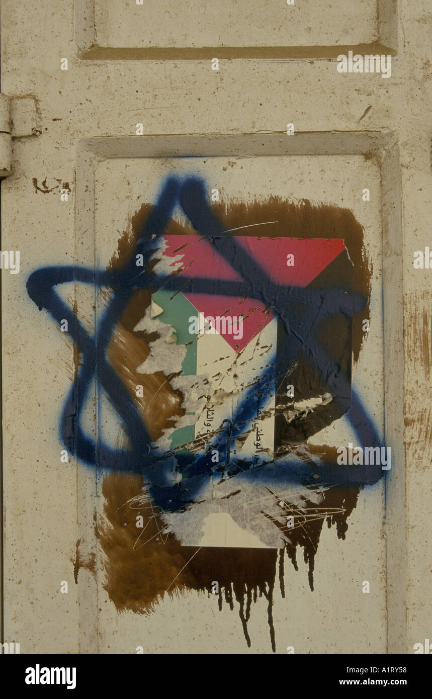 JEWISH SETTLERS WEST BANK HEBRON PALESTINIAN FLAG ON DOOR WITH STAR OF ...