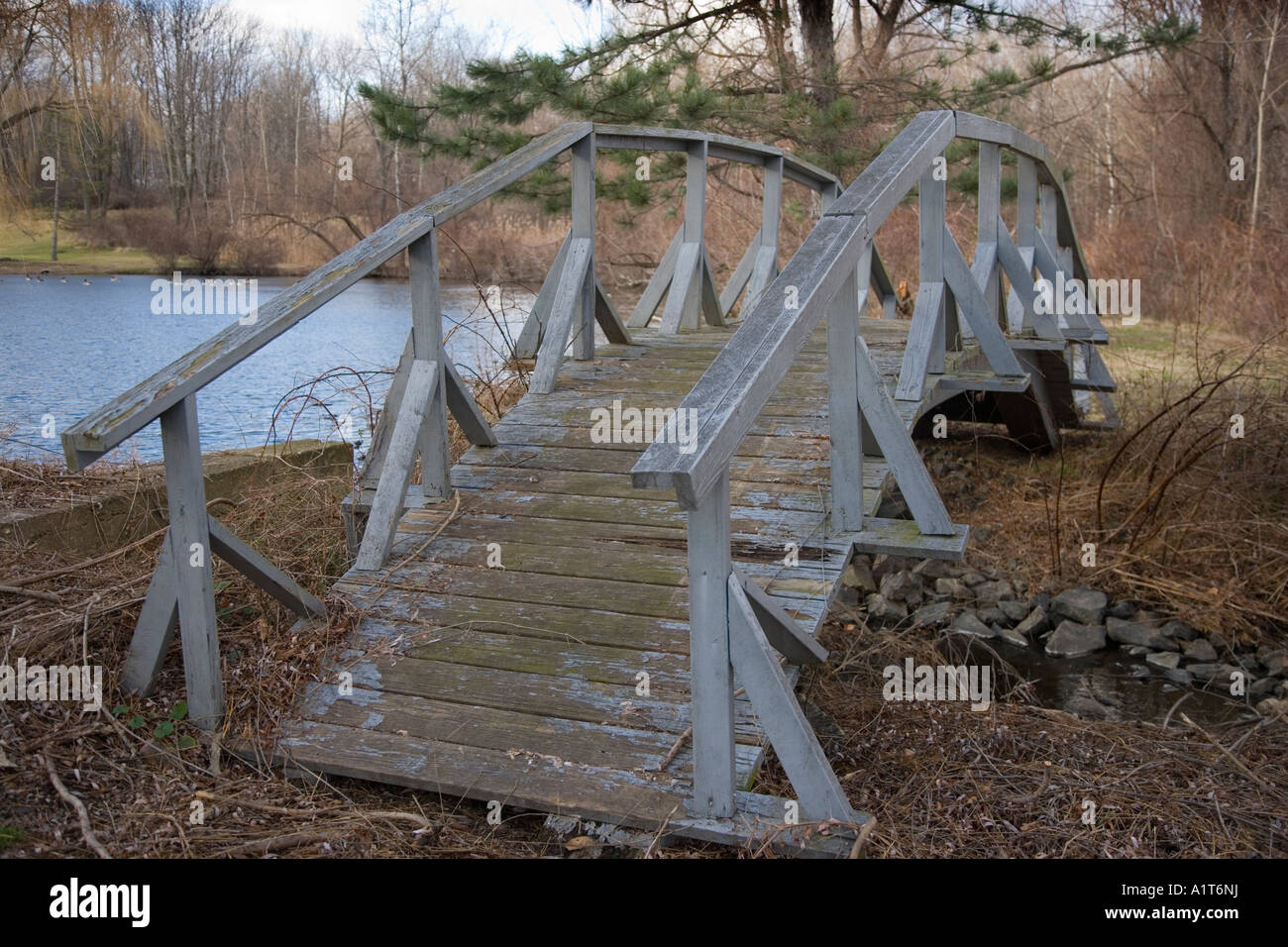 Wooden footbridge near a pond Stock Photo - Alamy