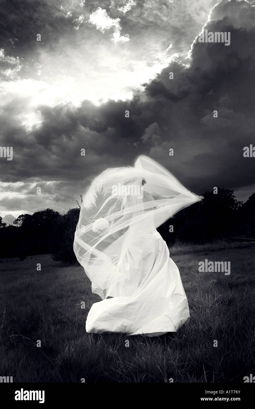 Spinning bride in a field with a dramtic stormy sky behind her Stock ...