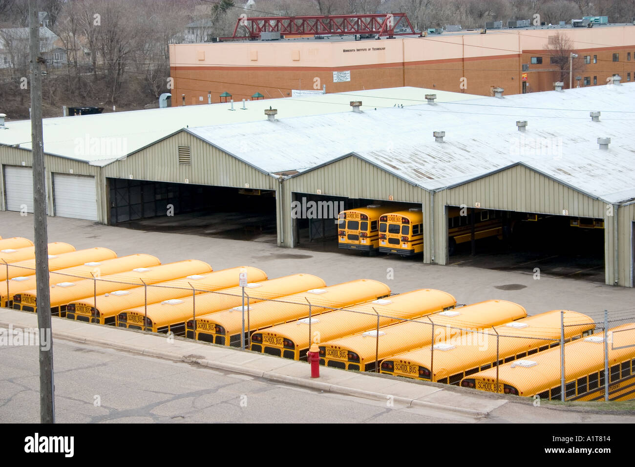 Line up of orange school buses in the motor pool St Paul Minnesota USA ...