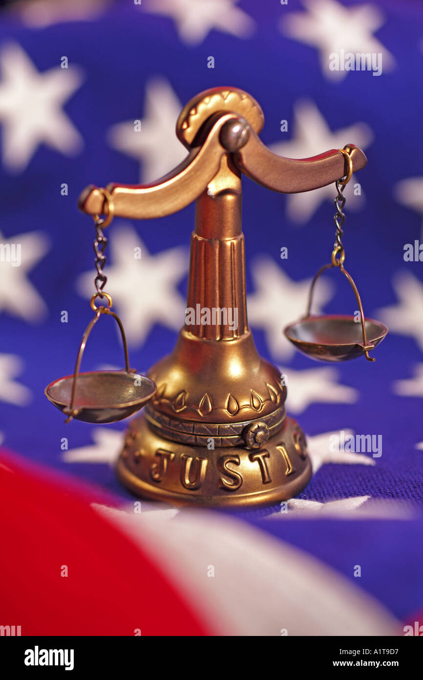 Scales of Justice on a US flag background Stock Photo - Alamy